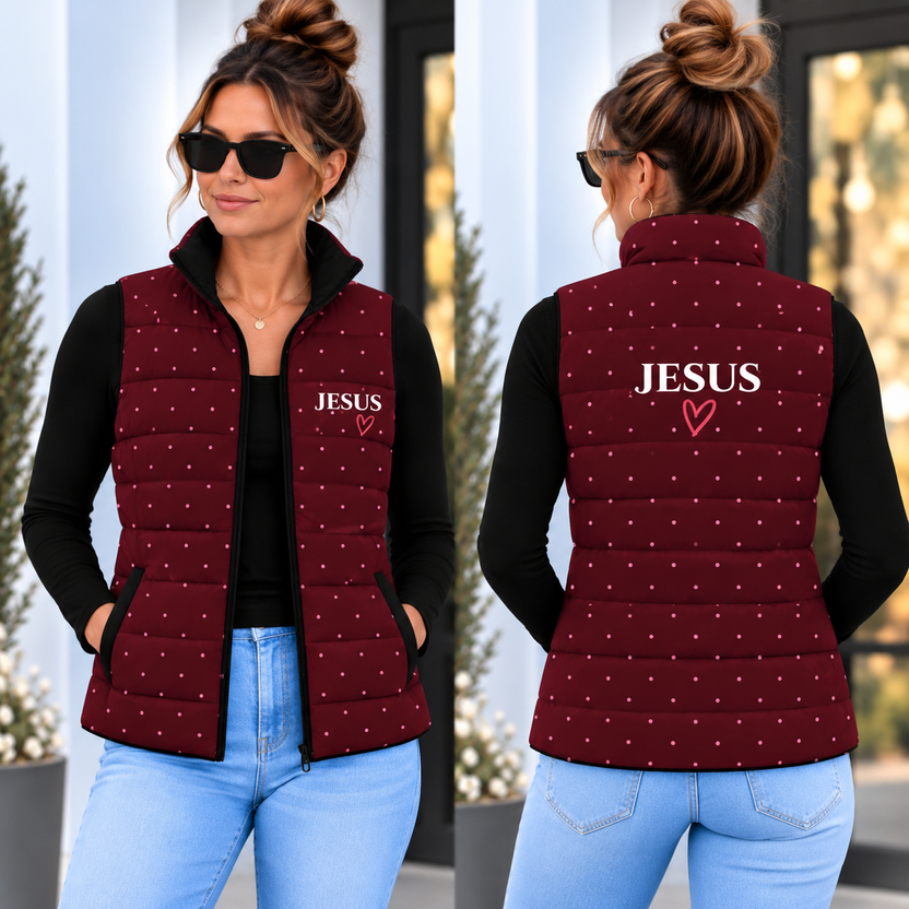 Burgundy Dotted Heart Down Puffer Vest | Gruntix